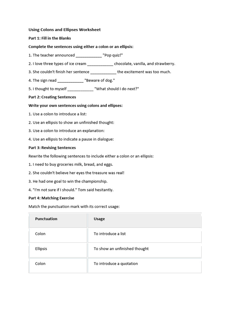 Colons and Ellipses Practice Worksheet | PDF