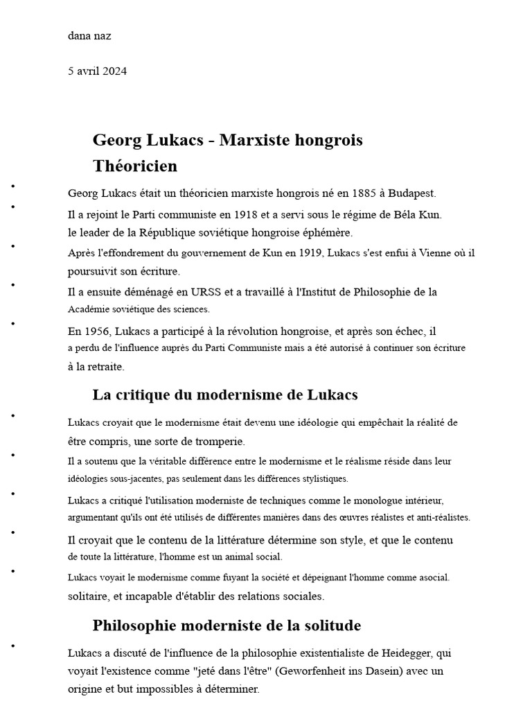 Georg Lukacs : Critique du Modernisme et Réalisme | PDF | Réalité ...