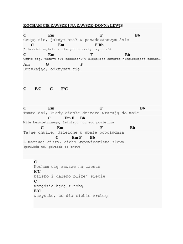 Kocham Cię Zawsze Na Zawsze - Akordy I Teksty | PDF