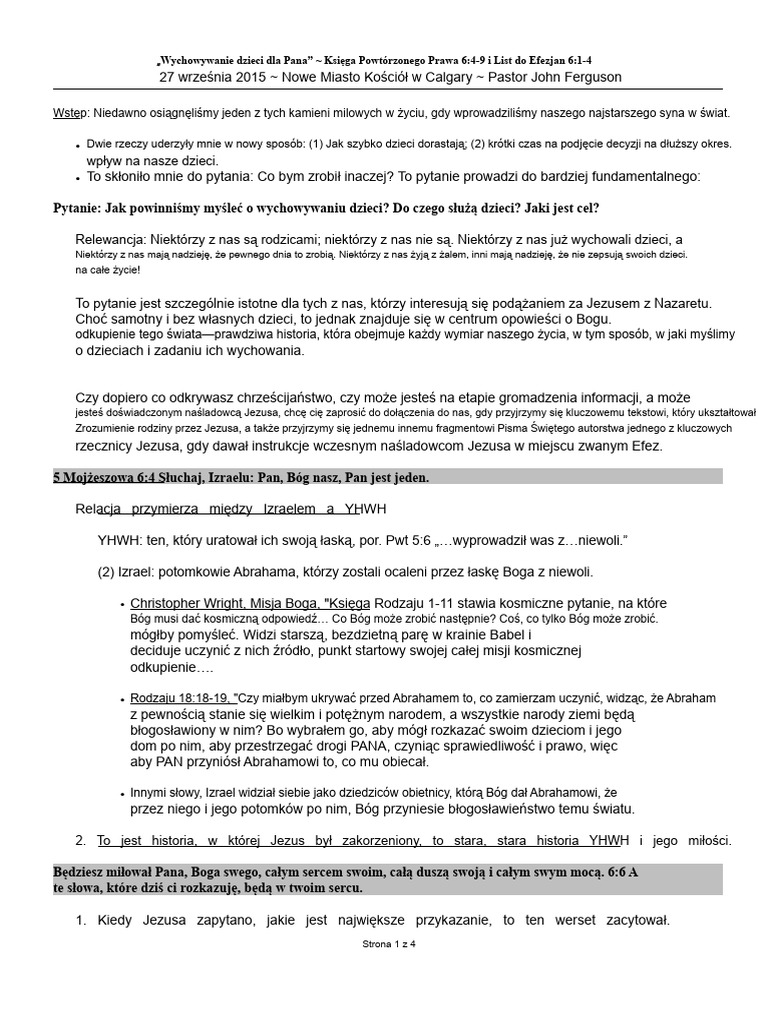 Notatki Z Kazania: "Wychowanie Dzieci Dla Pana" (Księga Powtórzonego Prawa 6:4-9 I List Do ...
