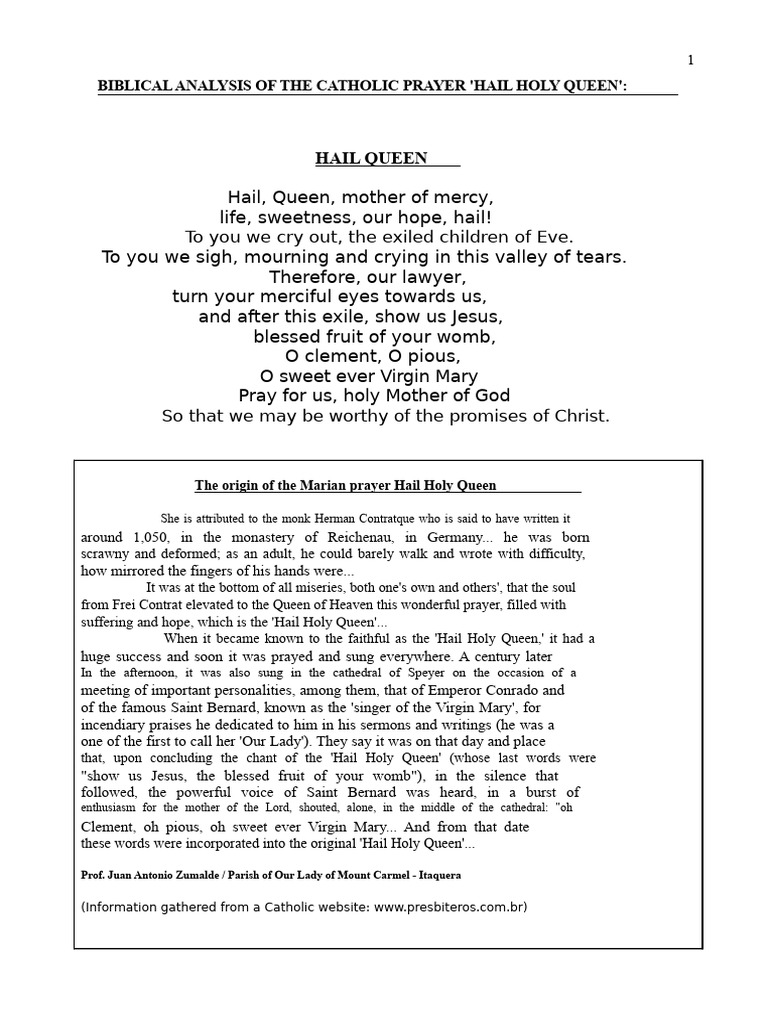 Biblical Analysis of The Prayer Hail Holy Queen | PDF | Mary, Mother Of ...