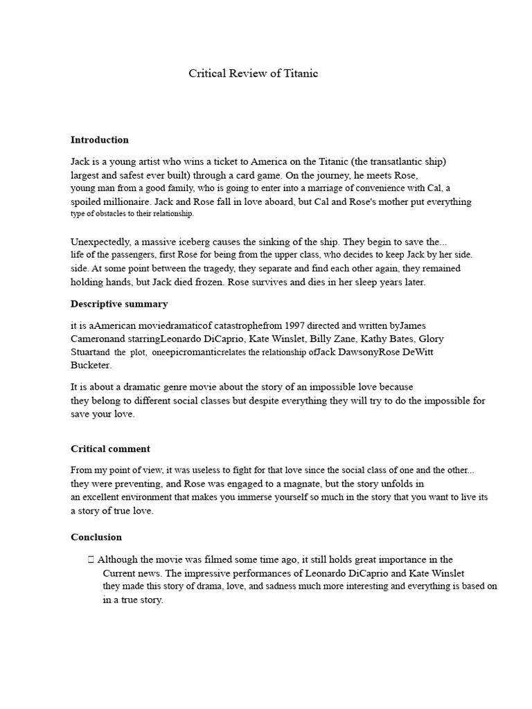 Titanic Movie Critical Review | PDF | Shipping | Water Transport