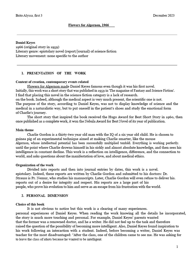 Analysis of "Flowers for Algernon" | PDF