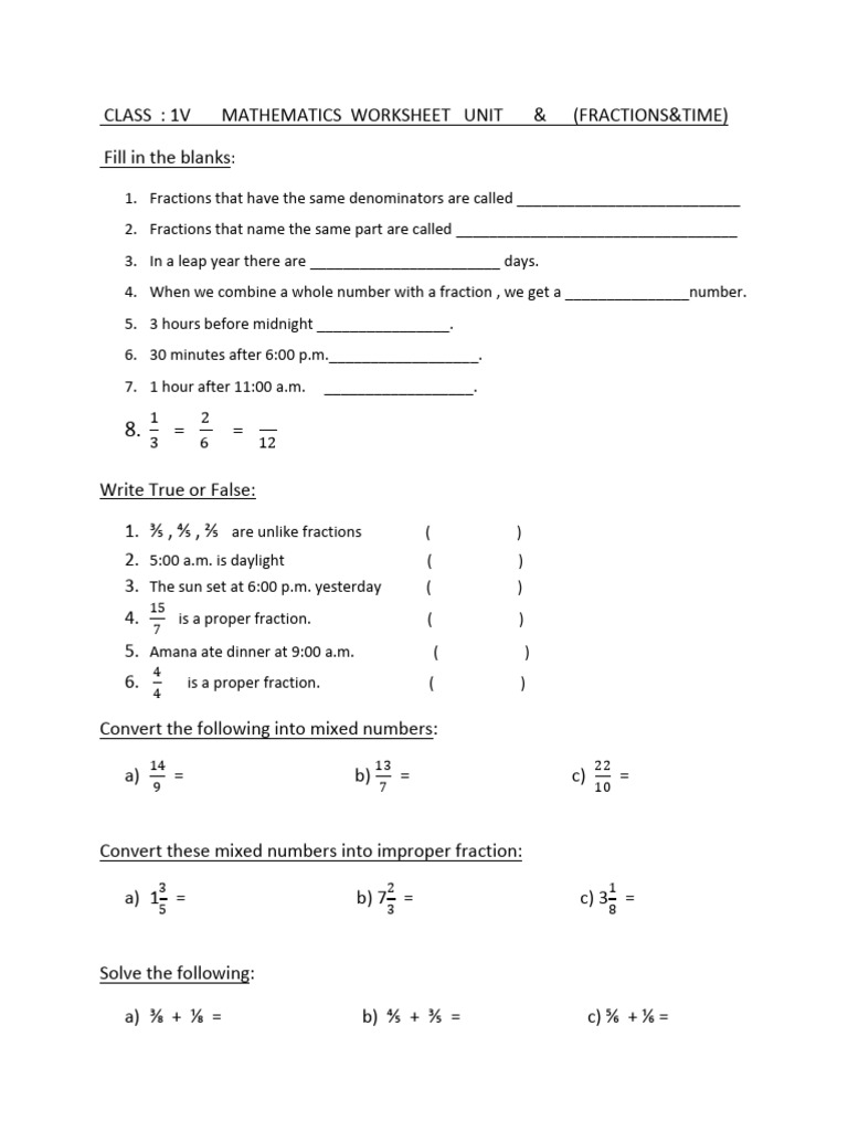 Fractions and Time Worksheet for Grade 1 | PDF