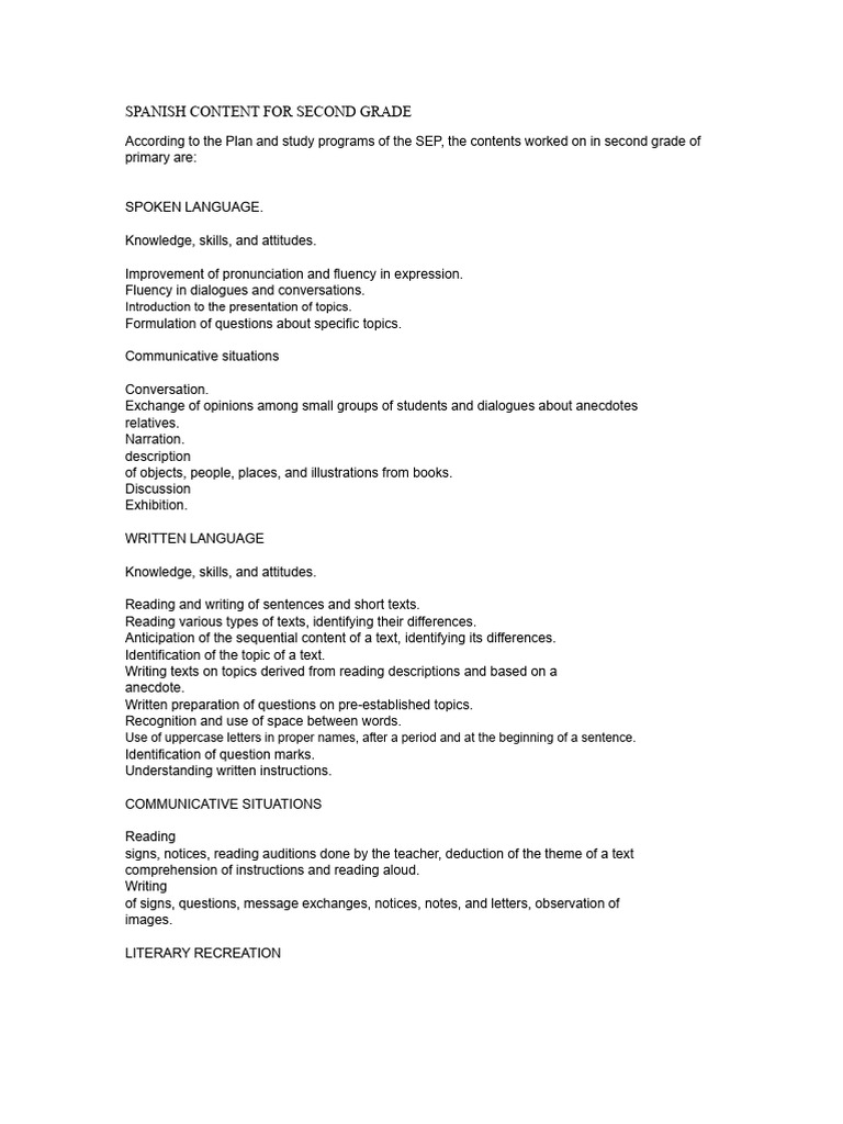 Spanish Second Grade Contents | PDF | Cognition | Cognitive Science