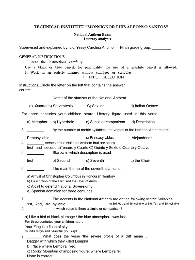 National Anthem Literary Analysis Exam | PDF | Metre (Poetry) | Poetry