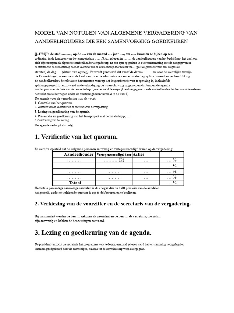 Model Van Notulen Van de Algemene Vergadering Van Aandeelhouders Die ...