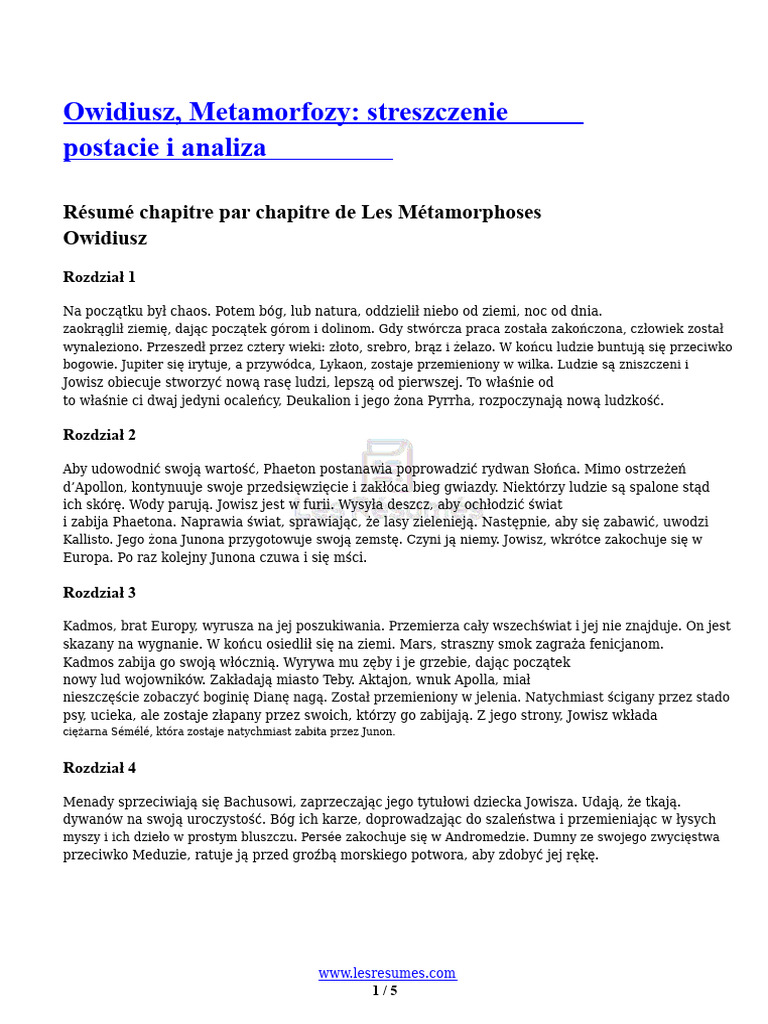 Ovide - Metamorfozy: Streszczenie, Postacie I Analiza | PDF