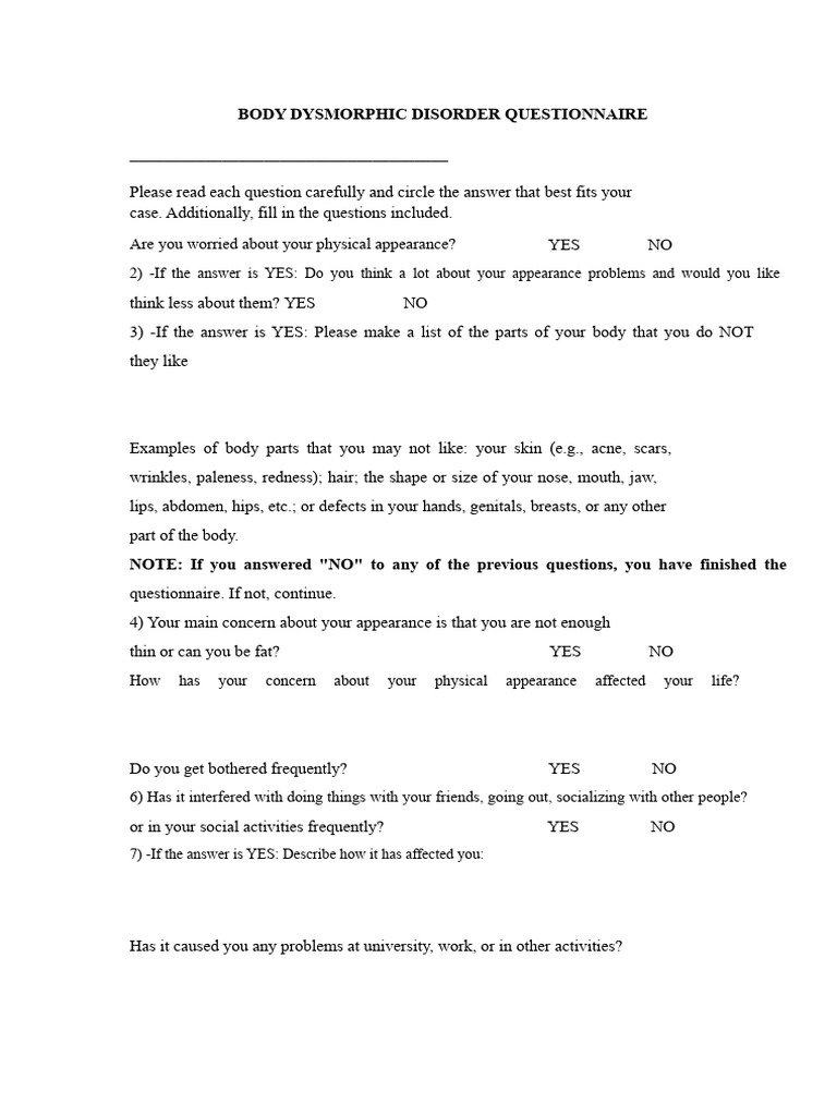Body Dysmorphic Disorder Questionnaire | PDF | Thought | Mind