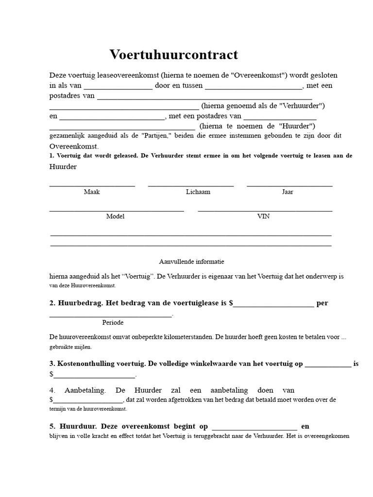 Hoofd - Voertuig Huurcontract Sjabloon | PDF