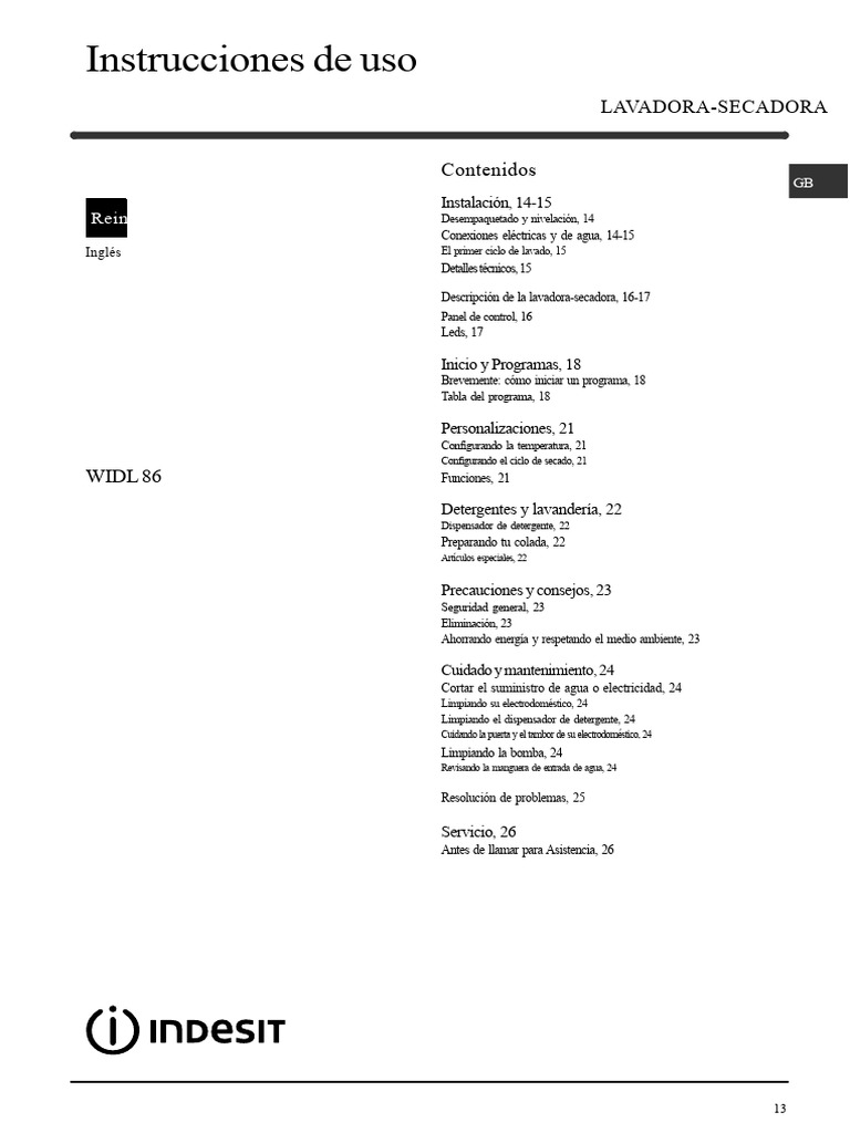 Indesit Widl 86 | PDF | Secadora de ropa | Lavadora