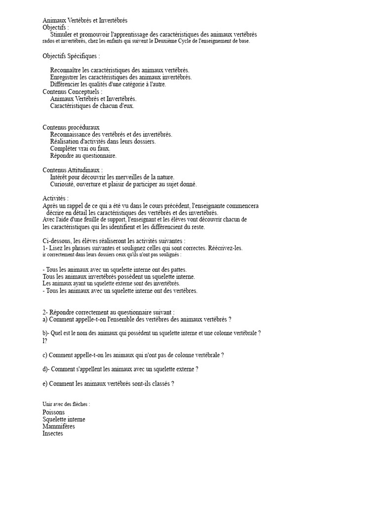 Plan de Cours Sur Les Animaux Vertébrés Et Invertébrés | PDF