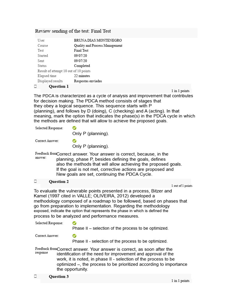 Final Test - Quality Management and Processes | PDF | Quality ...