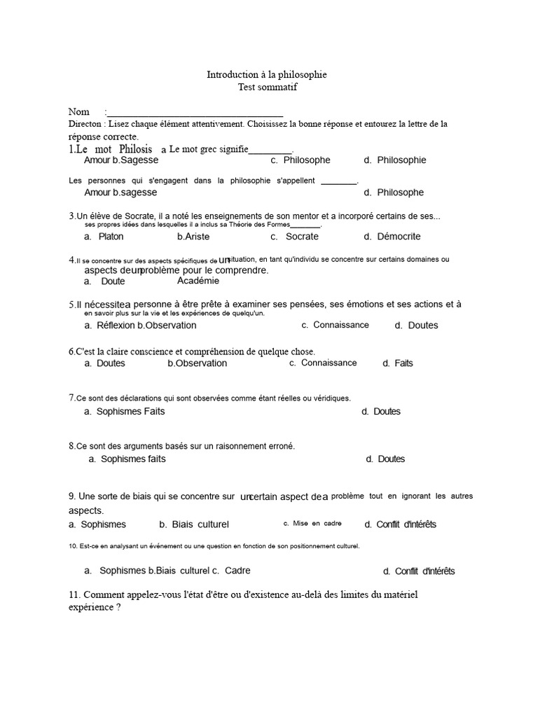 Test sommatif sur la philosophie | PDF | Platon | Socrate