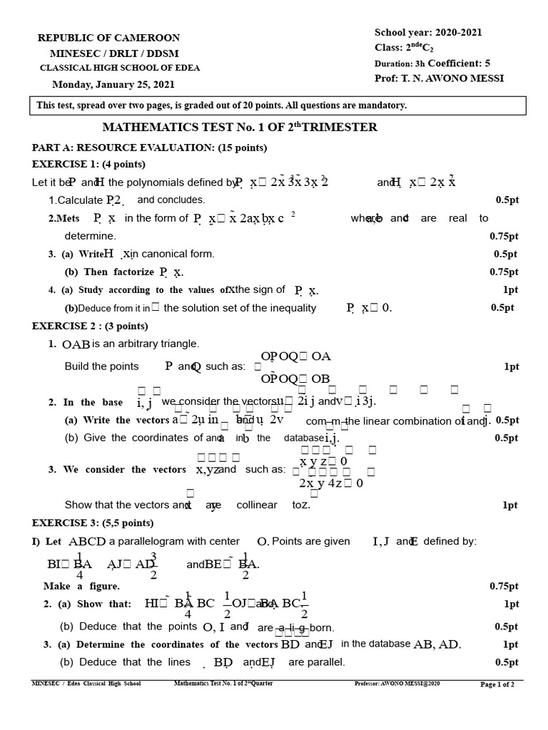Mathematics Test for Class 2C - 2021 | PDF | Euclidean Vector | Mathematics
