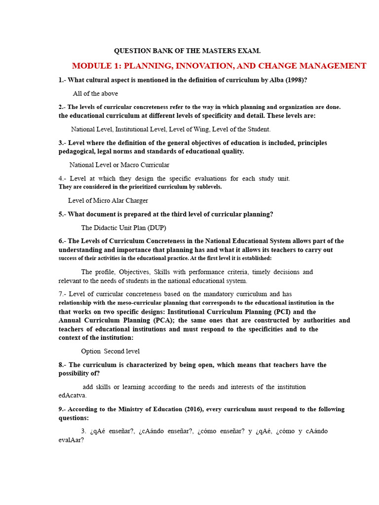 Bank of Questions For The Master's Exam | PDF | Curriculum ...