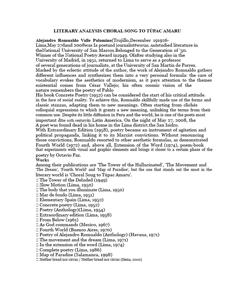 Literary Analysis of Coral Song to Tupac Amaru | PDF