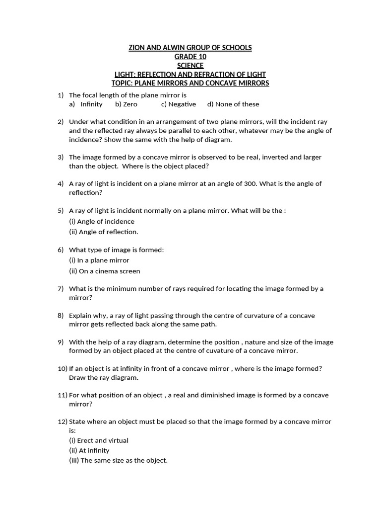 STD 10 - Light - Plane Mirrors and Concave Mirrors | PDF | Mirror | Optics