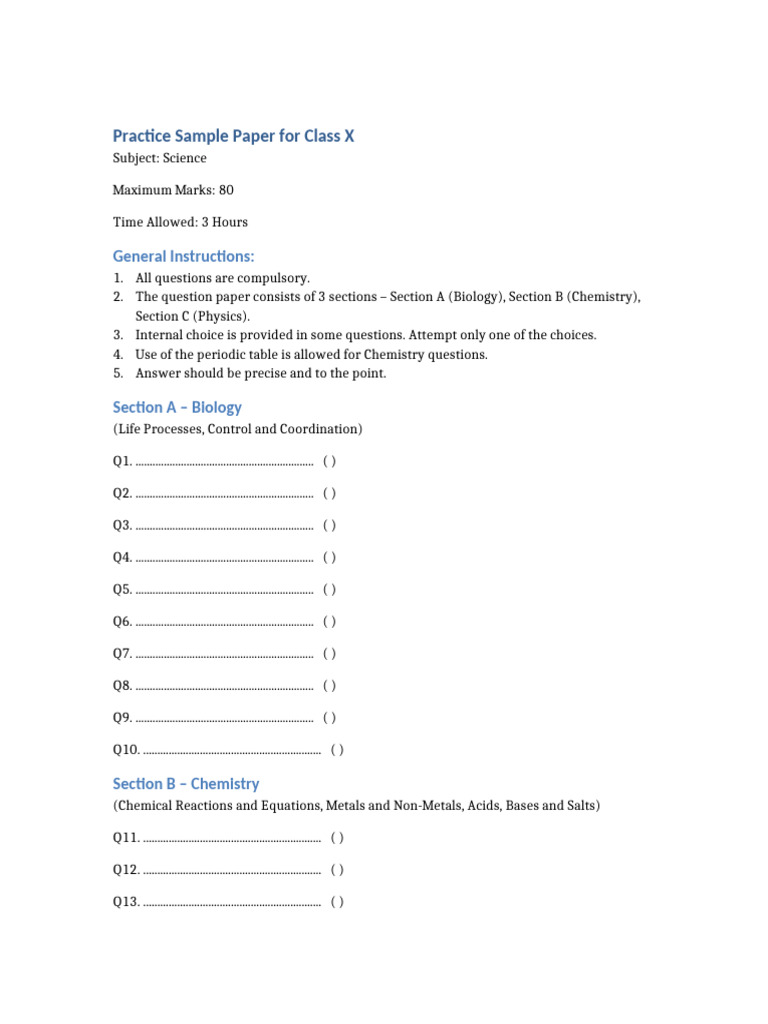 Class X Science Practice Paper | PDF | Physical Sciences | Chemistry