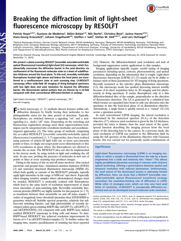 Breaking The Diffraction Limit of Light-Sheet Fluorescence Microscopy by RESOLFT | PDF ...
