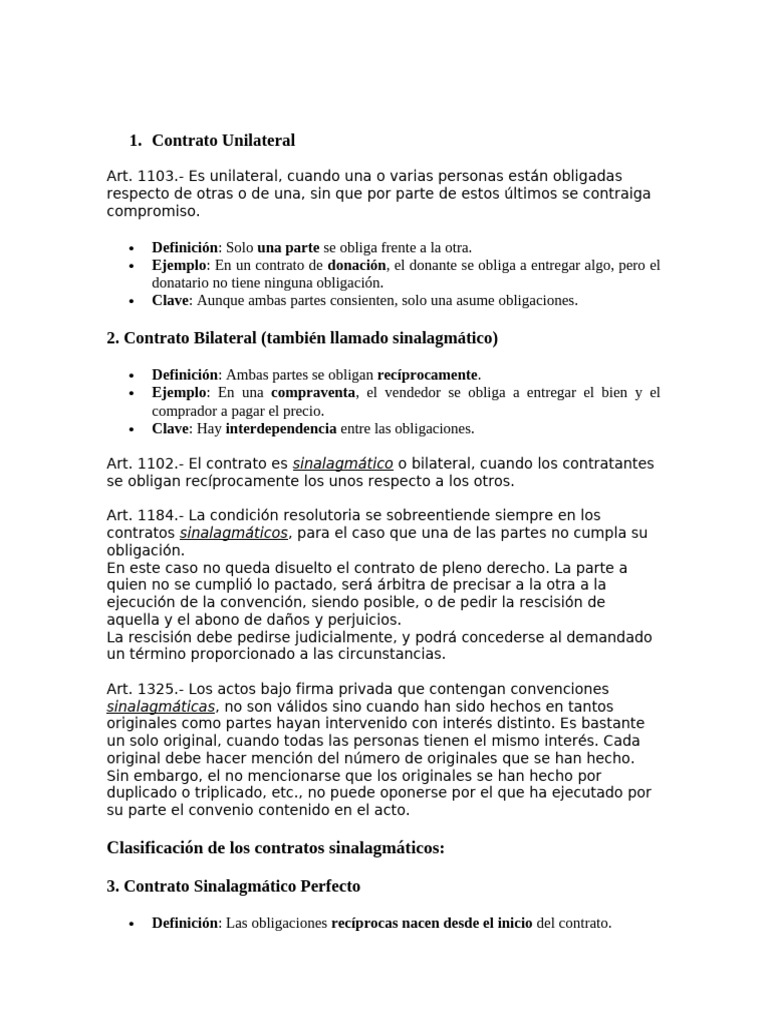 Contratos Unilaterales y Sinalagmáticos | PDF | Derecho empresarial ...