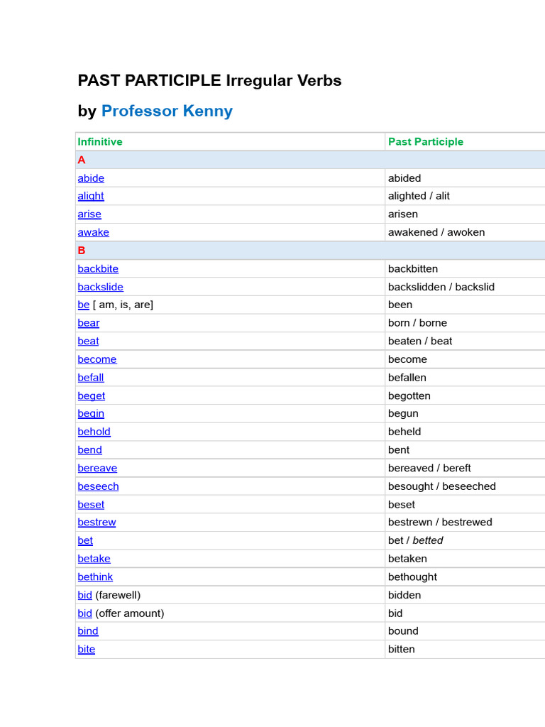 Irregular Verbs Past Participles List | PDF | Semantic Units