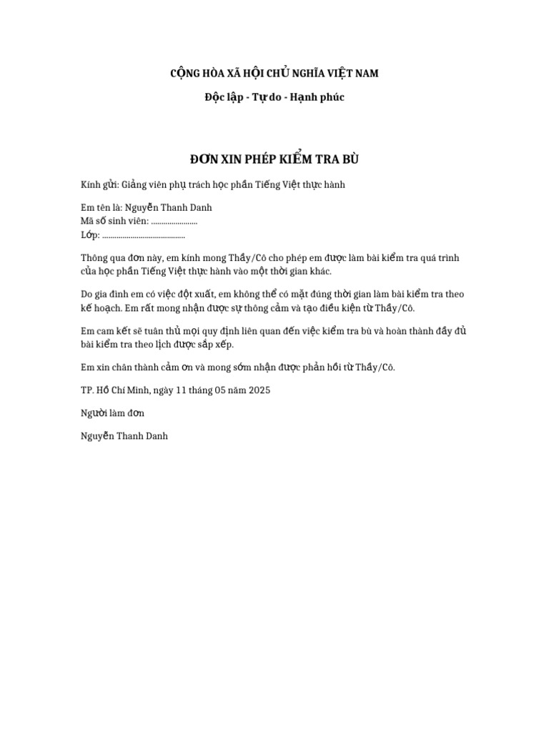 Don Xin Kiem Tra Bu Quoc Hieu | PDF