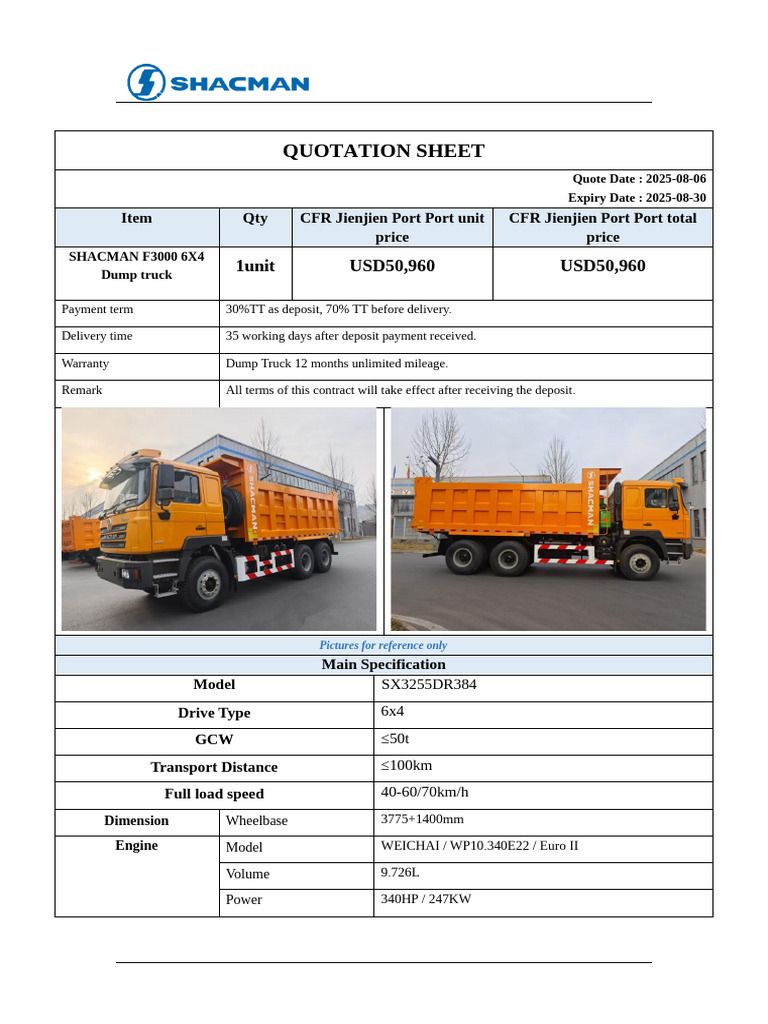 SHACMAN F3000 6x4 Dump Truck - Algeria-Configuration and Quotation | PDF | Truck | Transport