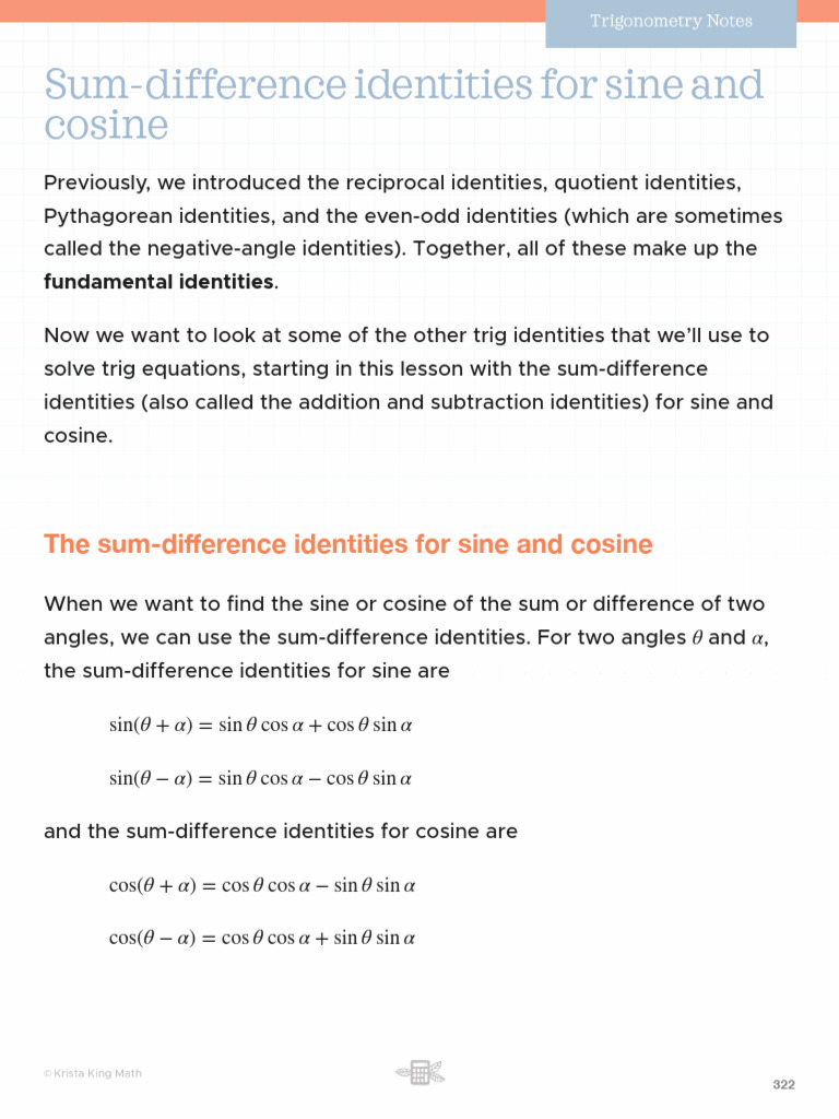 Sum Difference+Identities+for+Sine+and+Cosine | PDF | Trigonometric ...