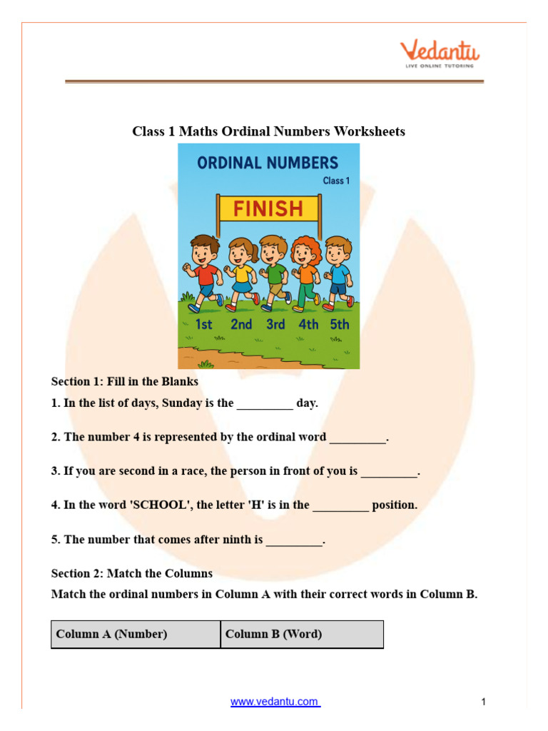 Class 1 Maths Ordinal Numbers Worksheet - Free PDF Practice | PDF