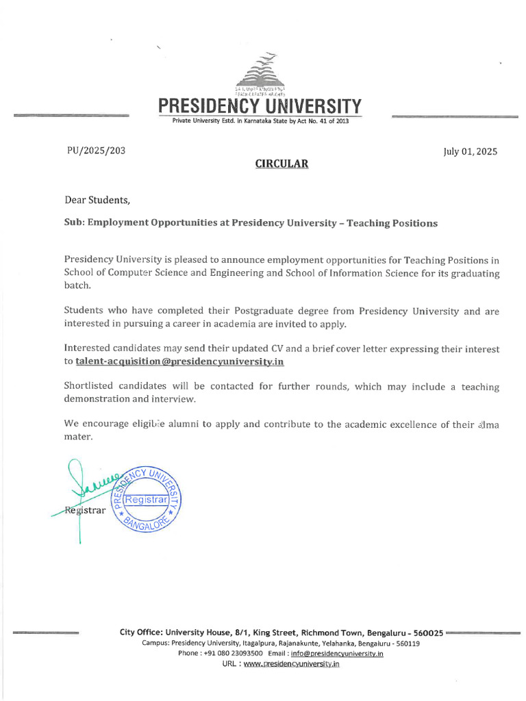 Circular (2025203) Employment Opportunities at Presidency University - Teaching Positions | PDF