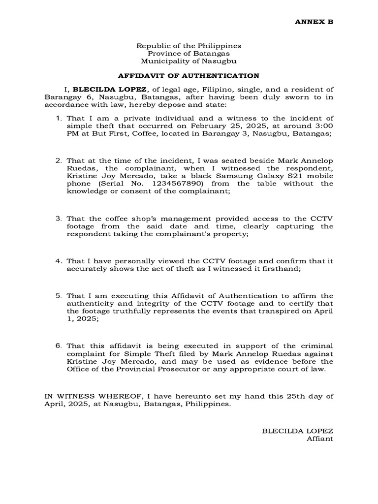 Affidavit of Authentication | PDF