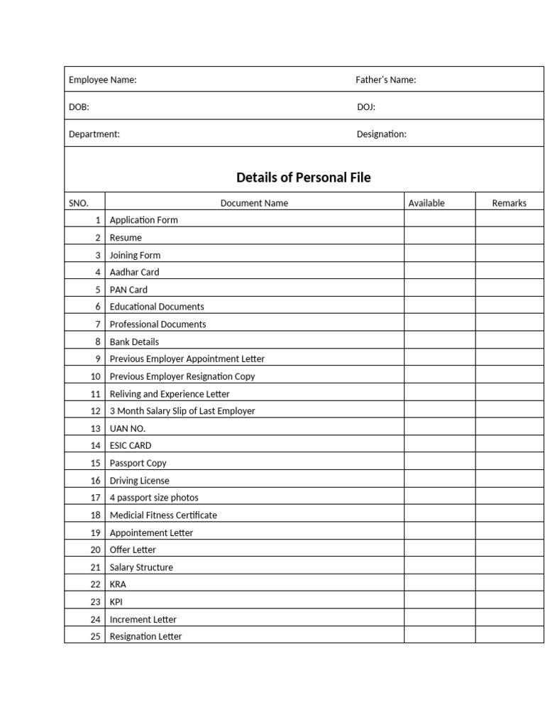 Employee Personal File Document Checklist | PDF