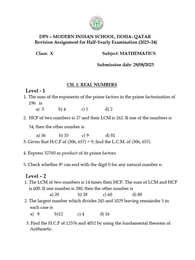 X Hy Rev Assignment 2023-24 | PDF | Quadratic Equation | Polynomial