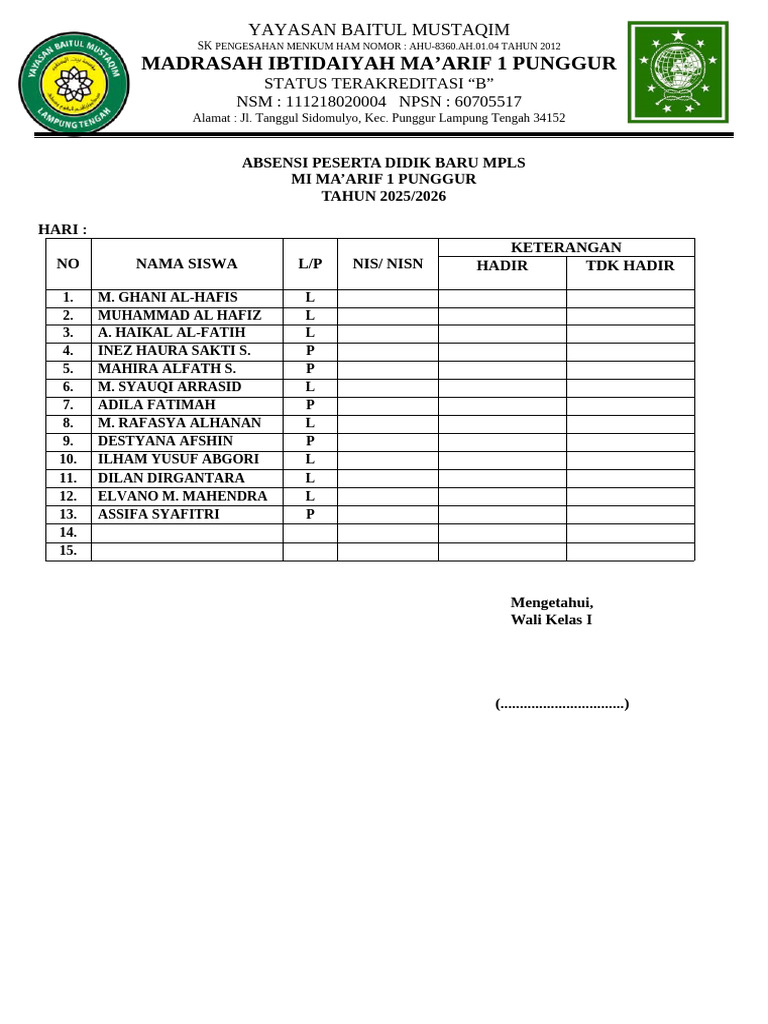 Absensi Peserta Didik Baru Mpls | PDF