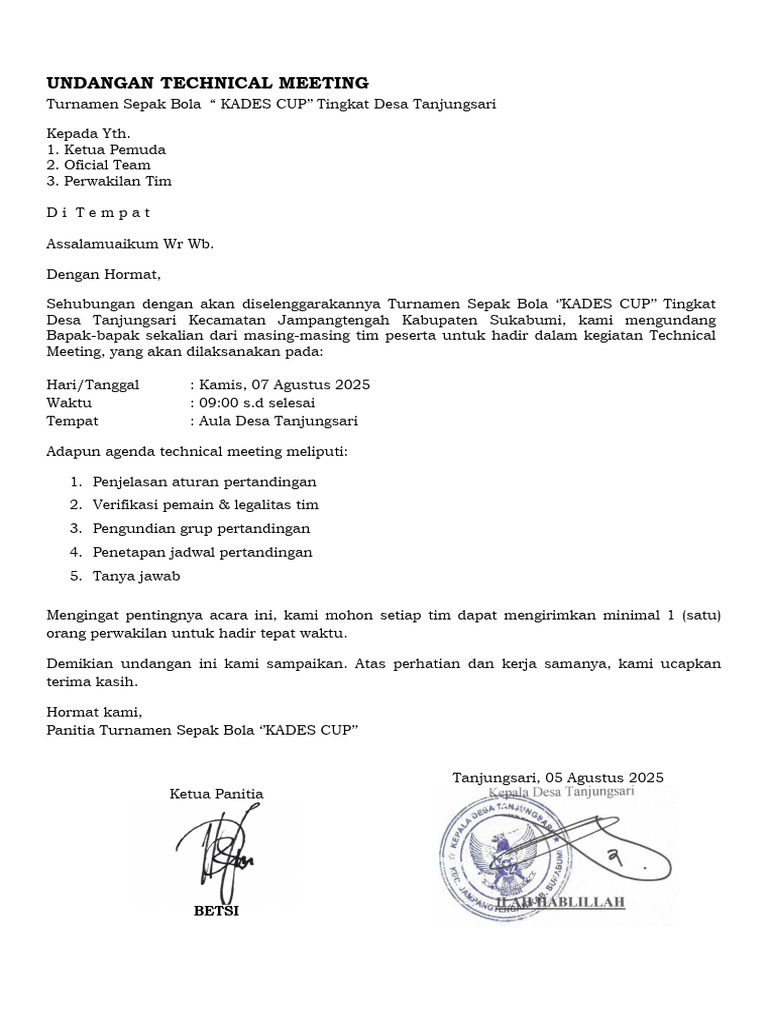 Undangan Technical Meeting KADES CUP | PDF