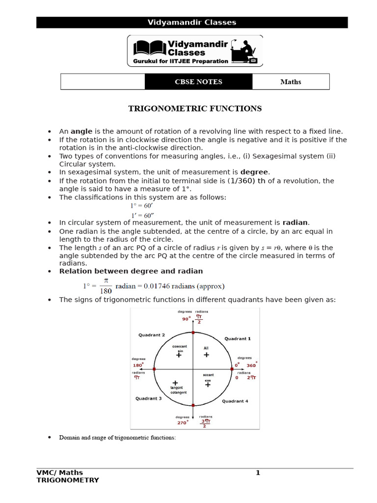 M 11th Class CBSE Trigonometric Functions Important Questions | PDF ...