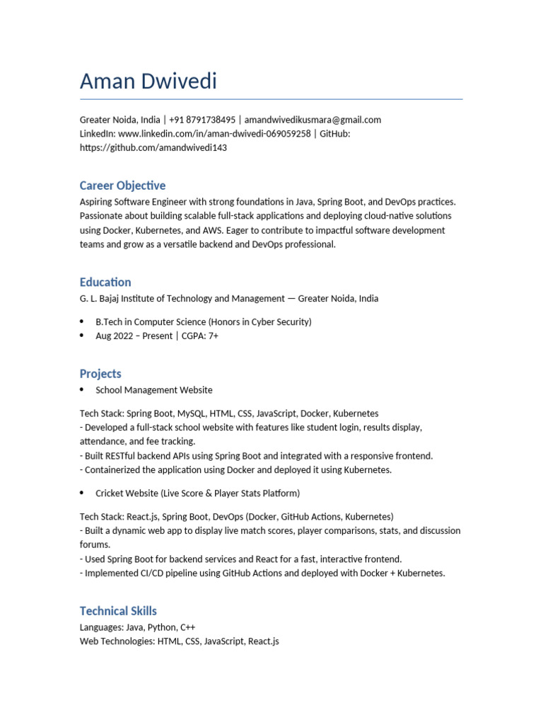 Aman Dwivedi Resume Minimal | PDF