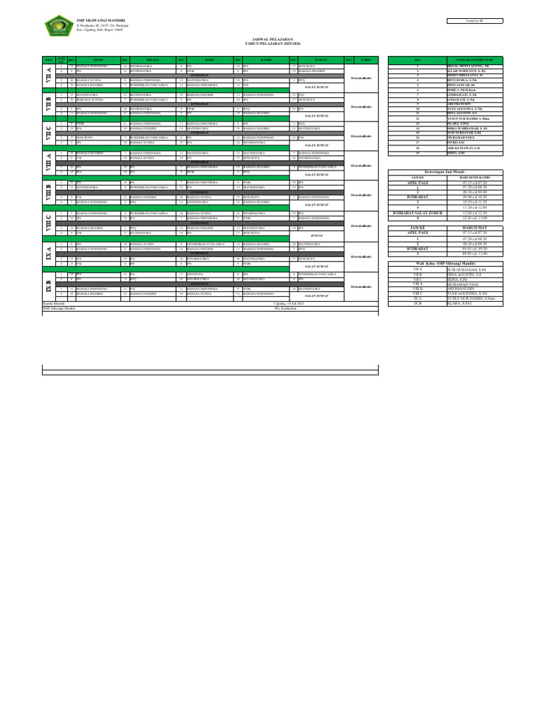 Jadwal Pelajaran SMP Siliwangi 2025 | PDF