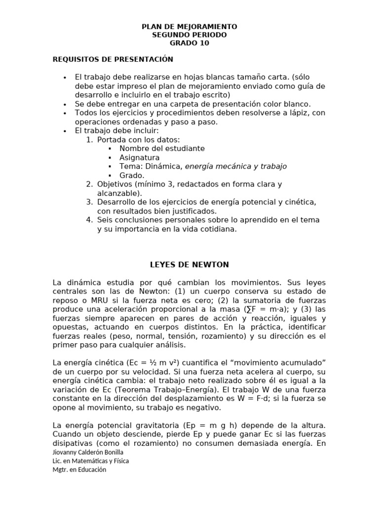 Plan de Mejoramiento Física Grado 10 2P | PDF | Fricción | Fuerza