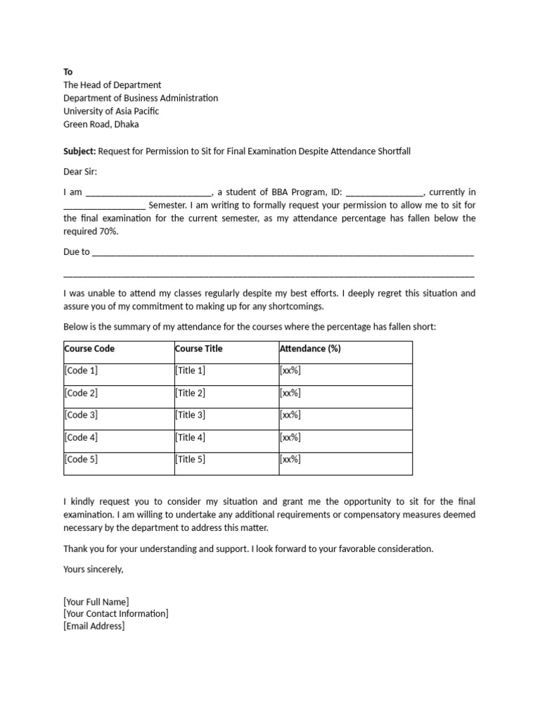 Application Format For Seeking Permission To Sit For Final Exam | PDF