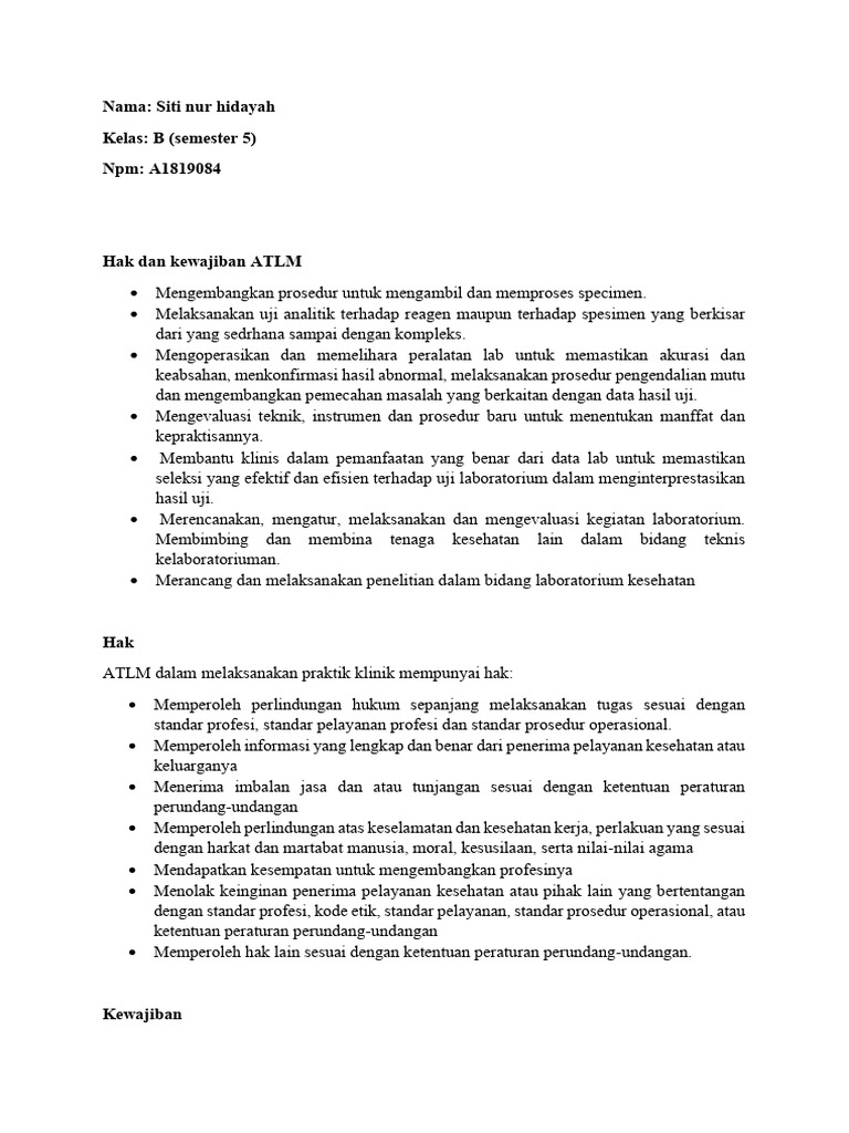 Hak dan Kewajiban ATLM dalam Praktik Klinik | PDF