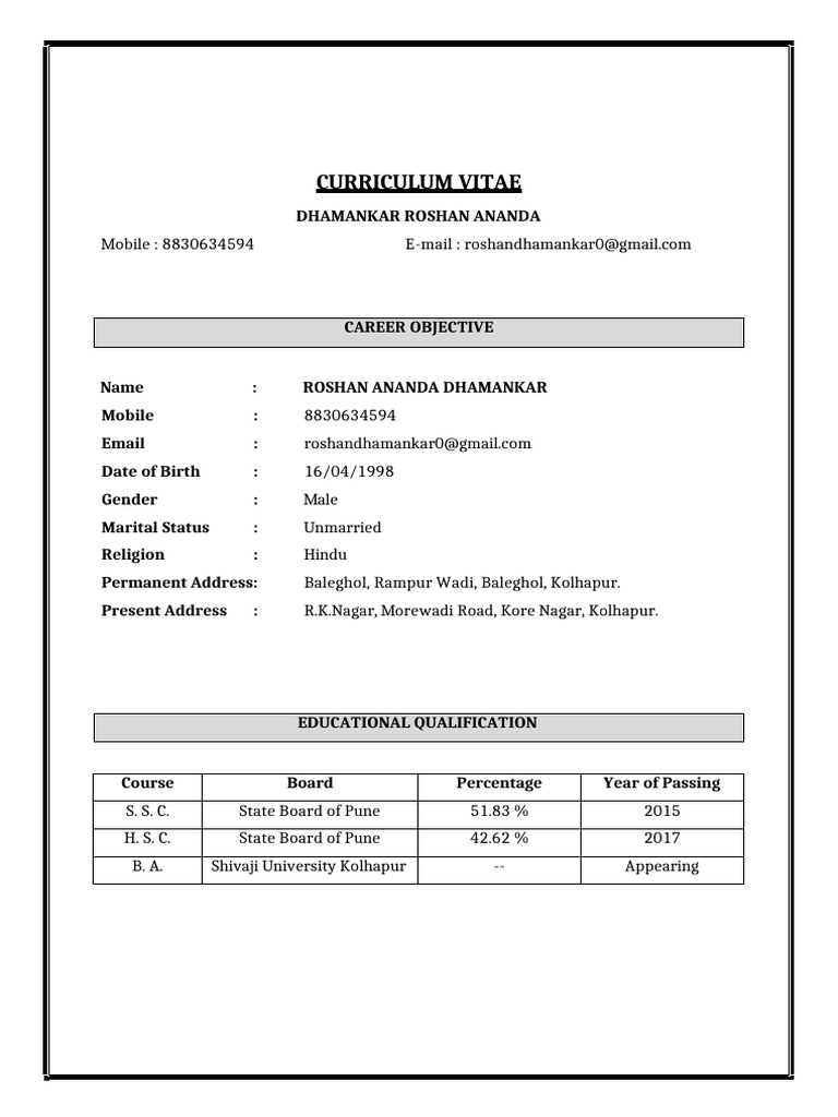 Roshan Ananda Dhamankar CV Summary | PDF
