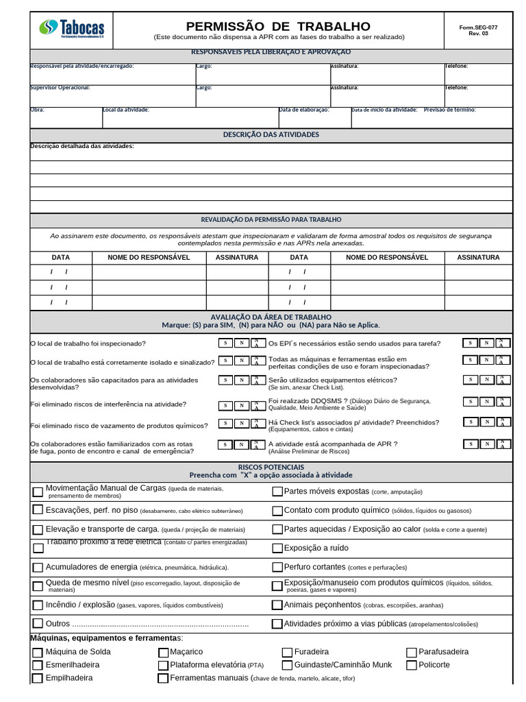 Form - Seg-077 - Permissão de Trabalho (PT) - Rev.03 | PDF