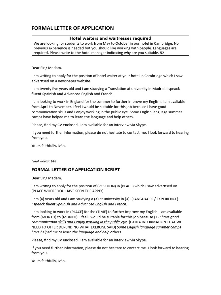 Formal Letter of Application Exercise&Script | PDF