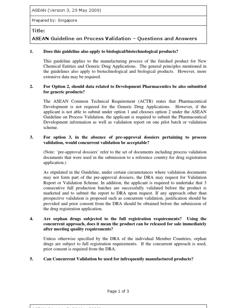 ASEAN Guideline On Process Validation - Q& A | PDF | Verification And Validation ...