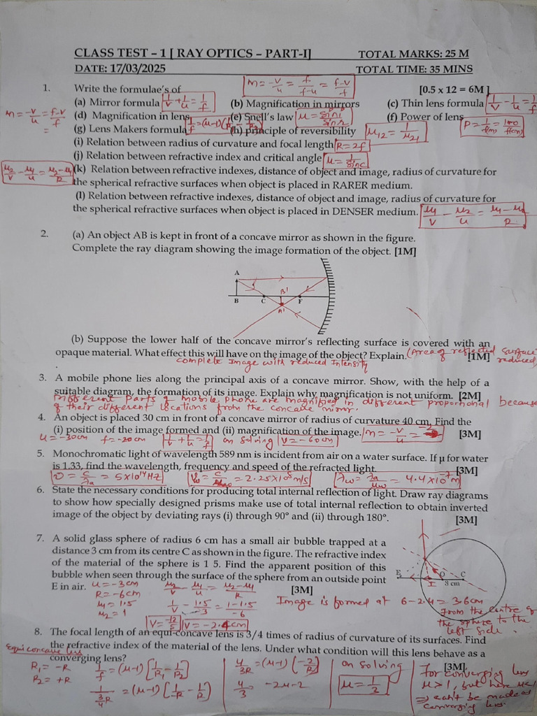 Class Test on Ray Optics Concepts | PDF | Optics | Electromagnetic ...