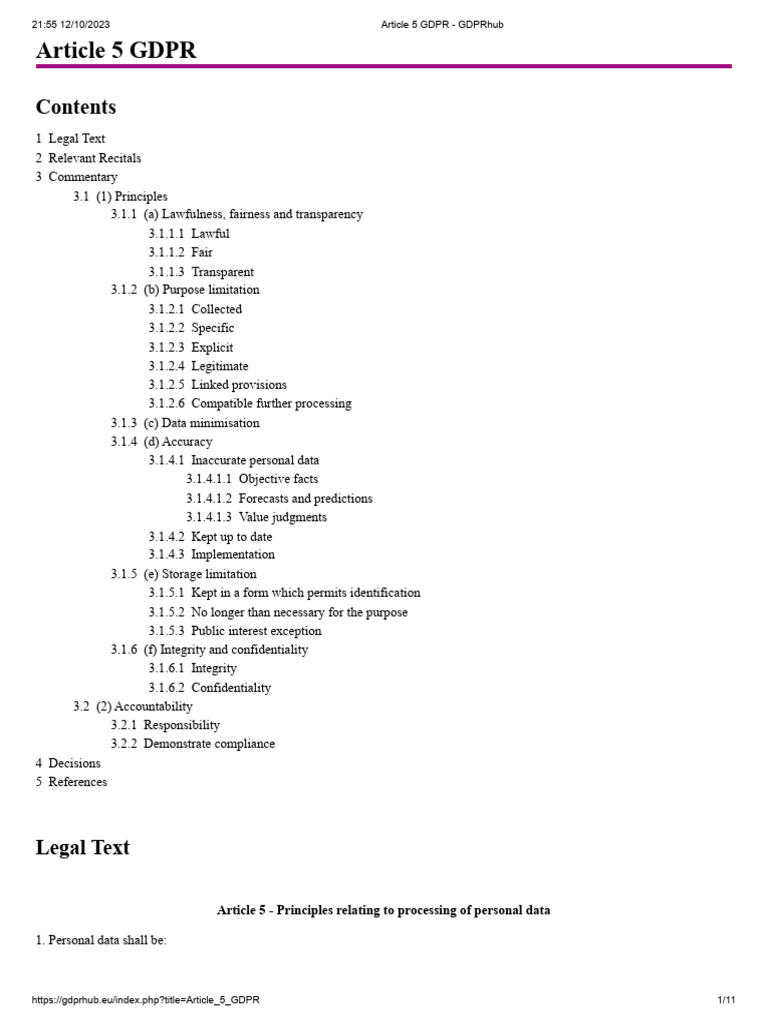 Article 5 GDPR - GDPR Principles | PDF