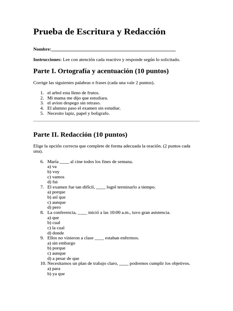 Prueba de Escritura y Redacción | PDF