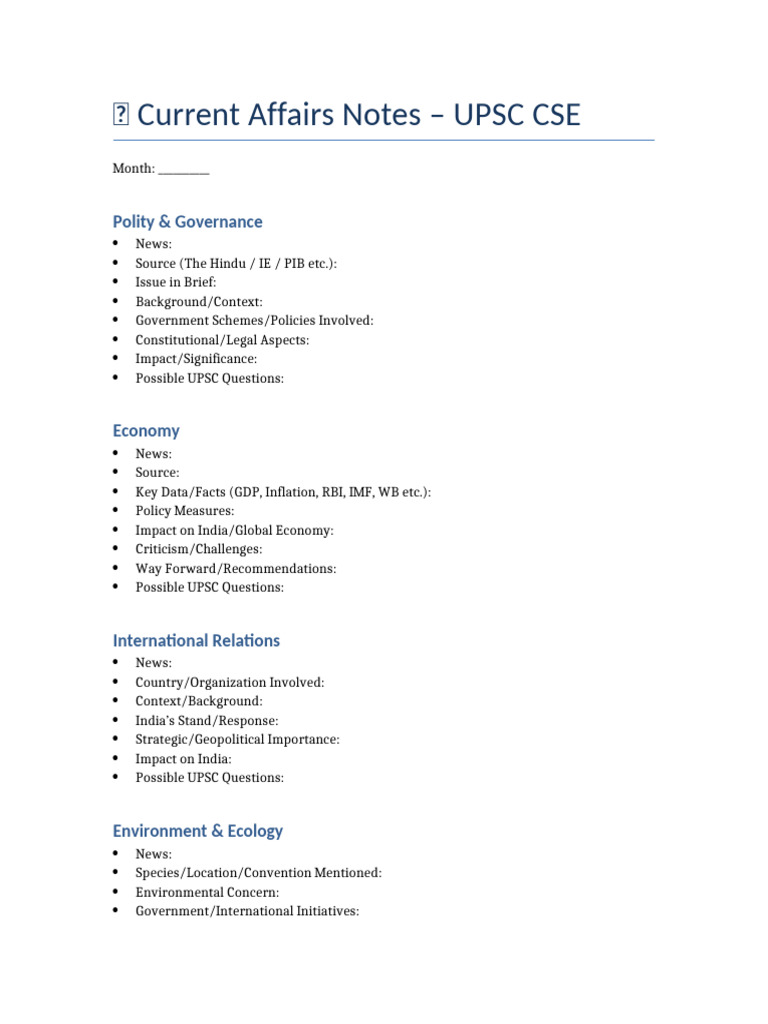 UPSC Current Affairs Notes Template | PDF